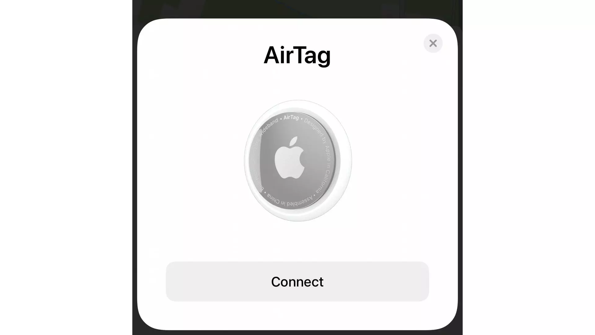 AirTag-ის დაყენების ეკრანი iPhone-ზე.