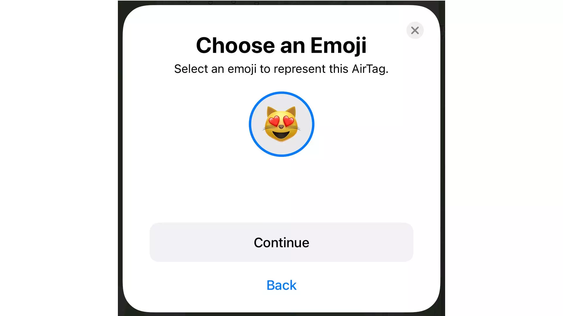 AirTag تەڭشەش يېتەكچىسىدىكى ئىختىيارى emoji تاللانمىسى.