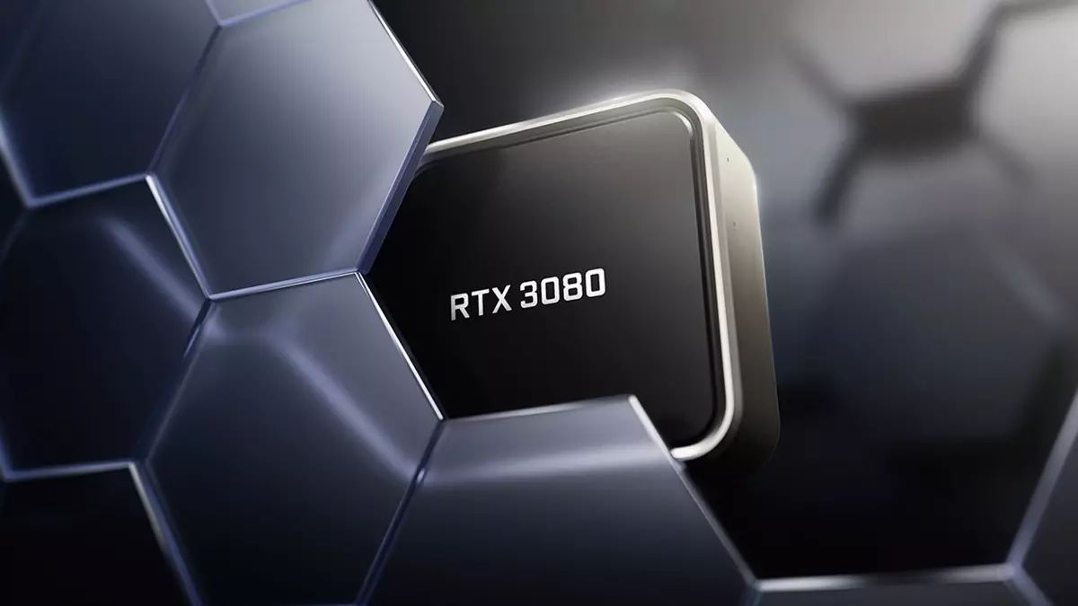 NVIDIA RTX 3080 ગ્રાફિક્સ કાર્ડ સાયબર સ્પેસમાં તરતું છે.