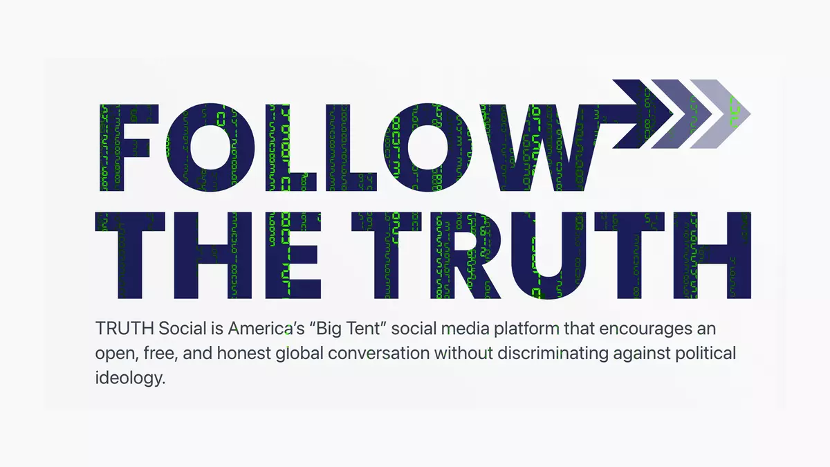 O banner de TRUTH Social co código informático da 'Matrix' que pasa sobre el.