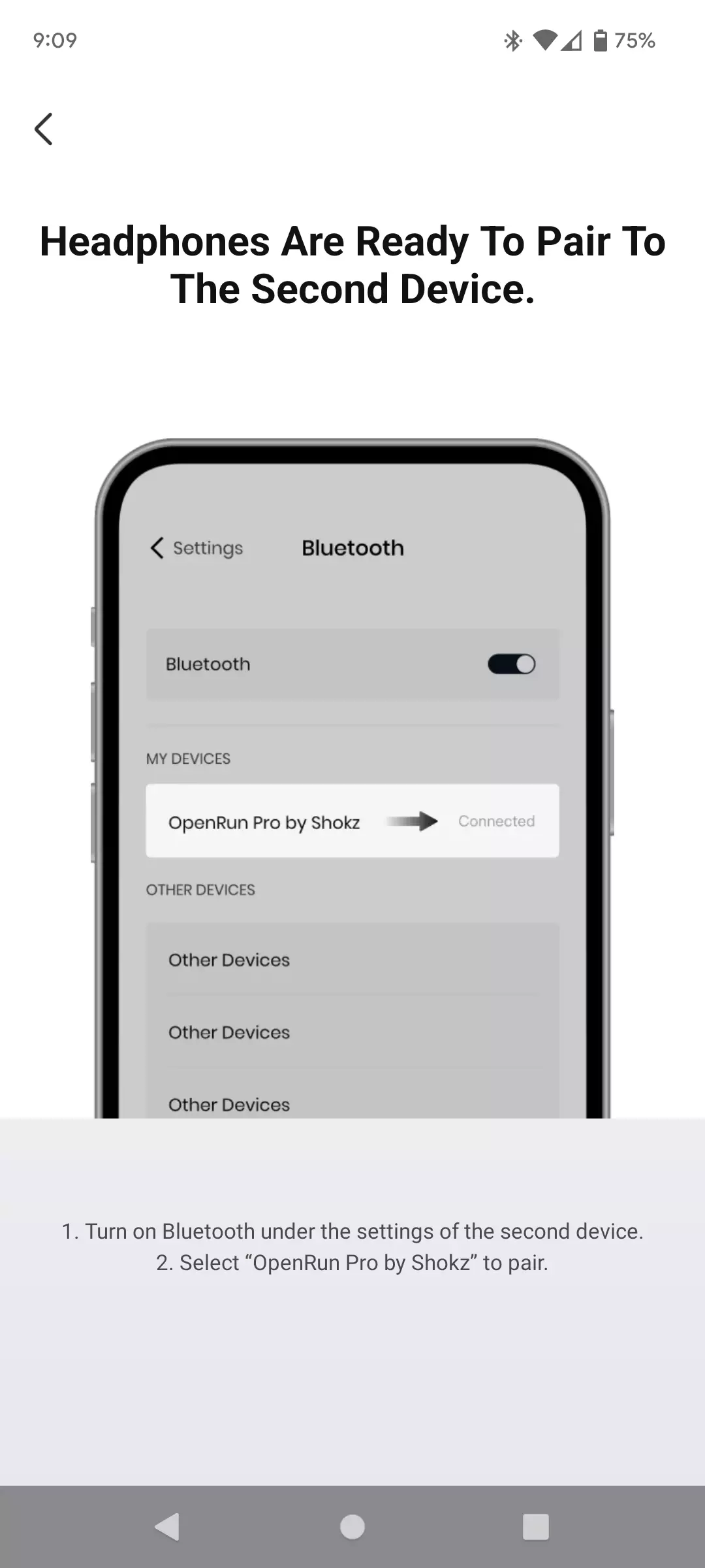Shokz-appen som viser instruksjoner for flerpunktstilkobling.