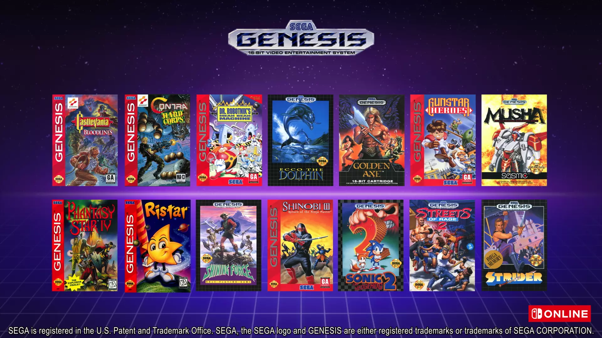 Die Spielauswahl für Nintendo Switch Online + Expansion Pack Sega Genesis.