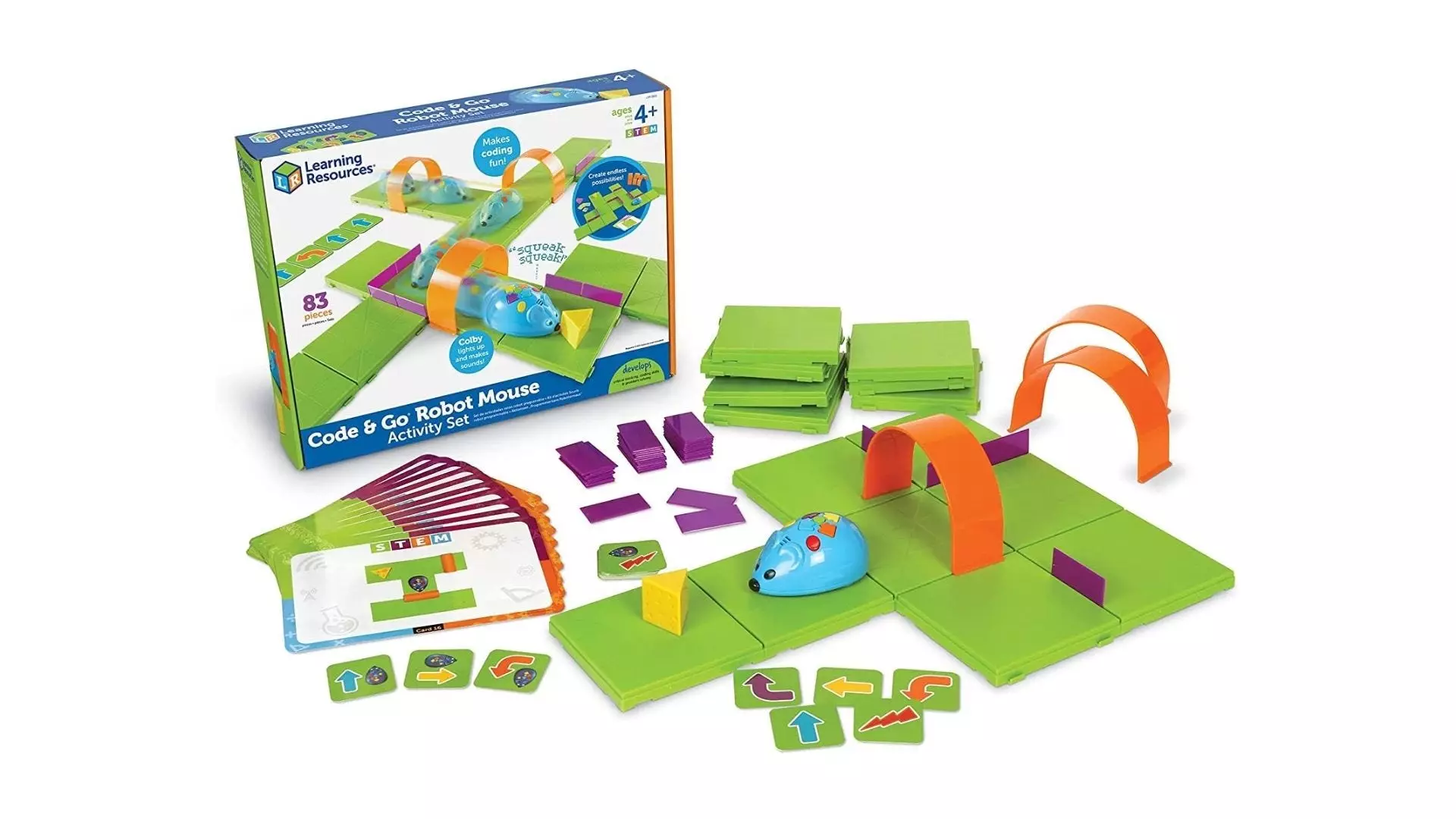 Materiały edukacyjne Code & Go Robot Mouse Activity Set składający się z 83 elementów, odpowiedni dla dzieci w wieku od czterech lat