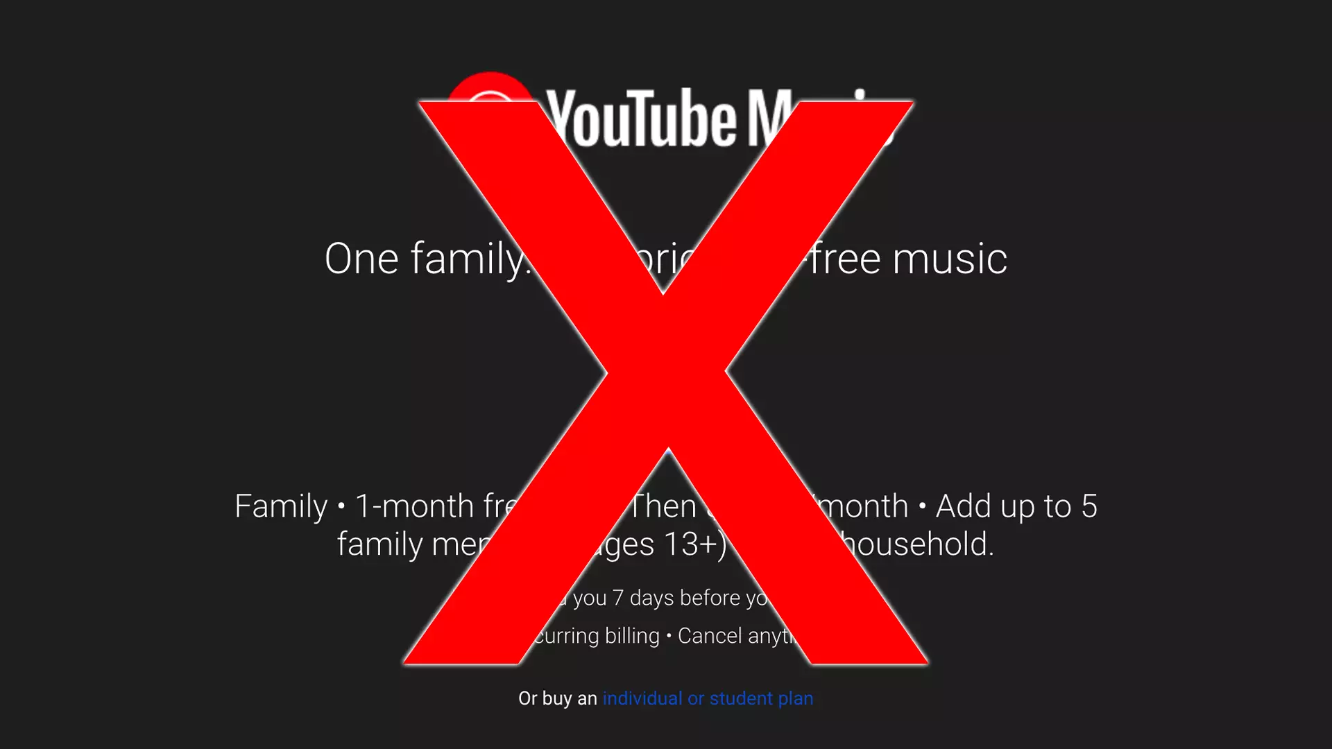 Halaman keluarga YouTube Music Premium dengan X besar di atasnya.