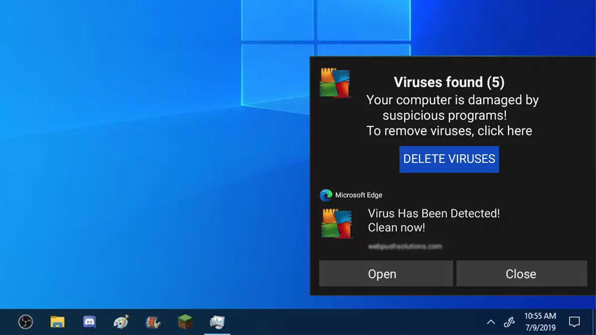 Una maqueta emergent del navegador que indica que hi ha un virus al vostre ordinador. La finestra emergent utilitza un logotip d'AVG per semblar més autèntic.