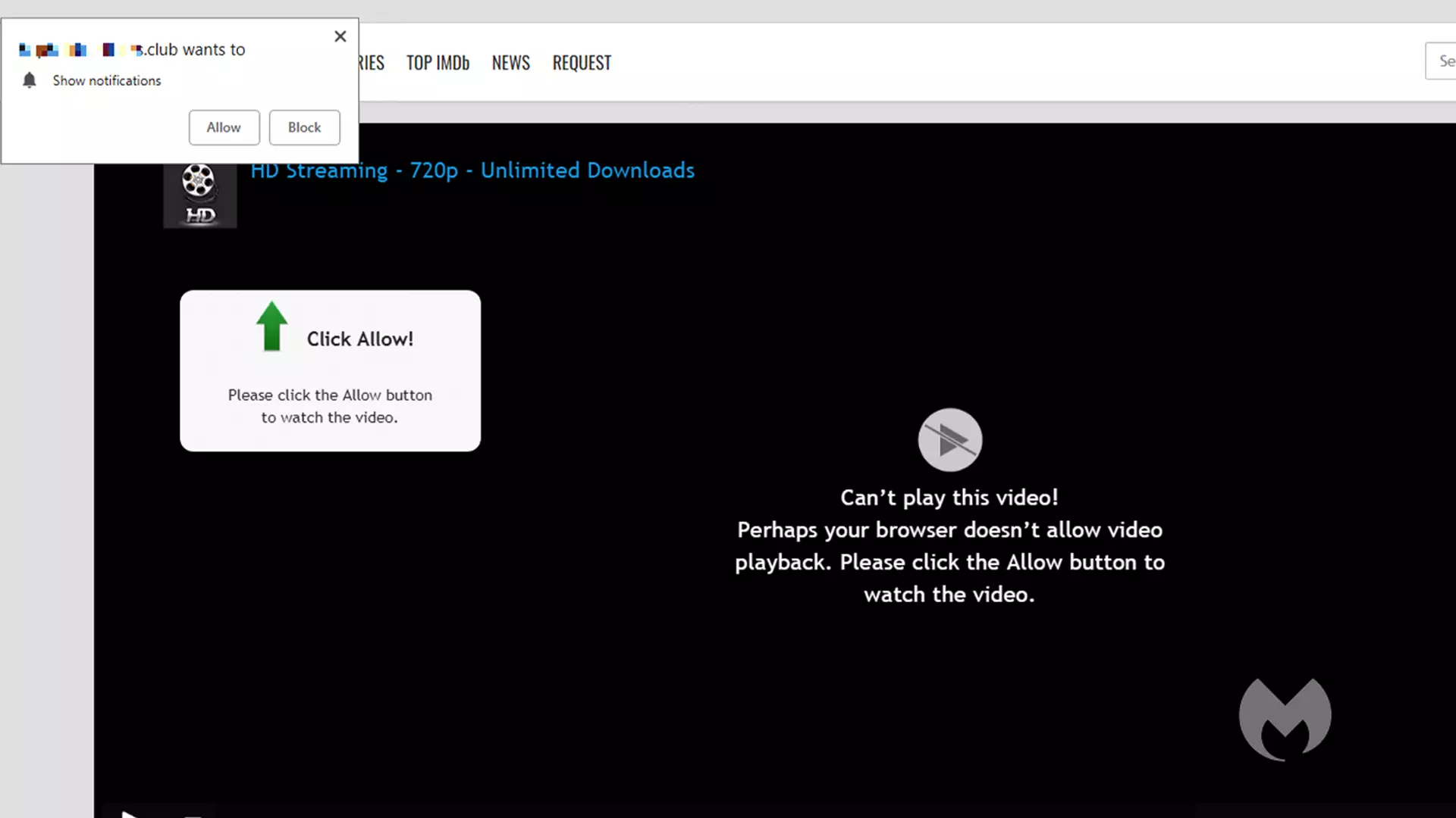 موقع دفق فيديو مشبوه يخبر المستخدمين أنه يتعين عليهم تمكين الإخطارات لمشاهدة الفيديو. الإخطارات هي