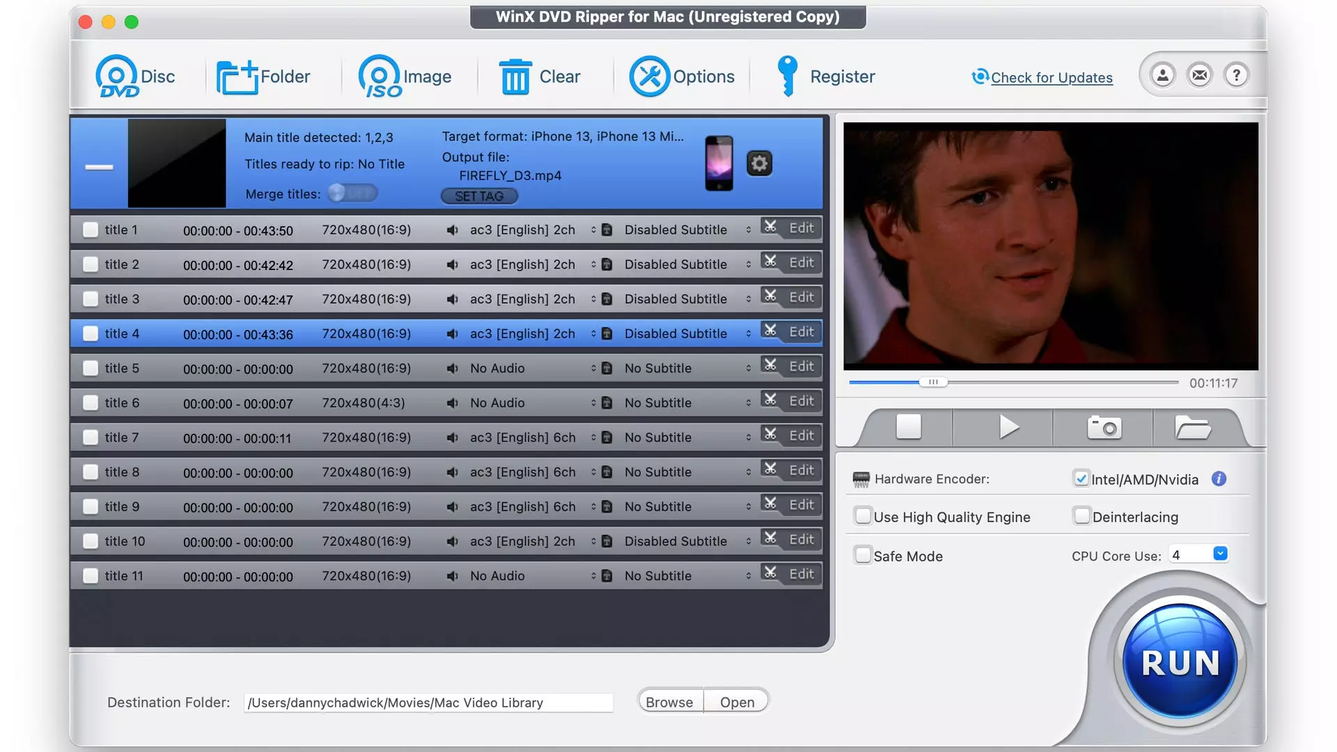 Interfejs WinX DVD Ripper wyświetlający ekran wyboru tytułu.