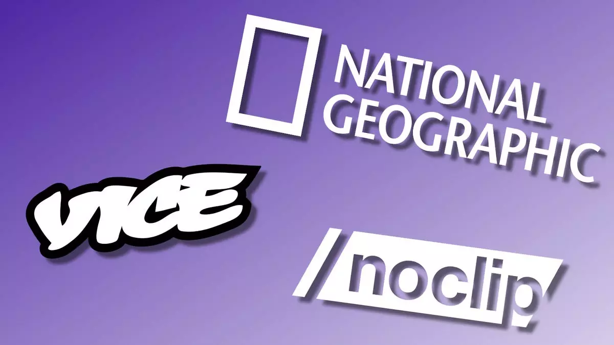 बैंगनी पृष्ठभूमि पर VICE, नेशनल ज्योग्राफिक और NoClip लोगो