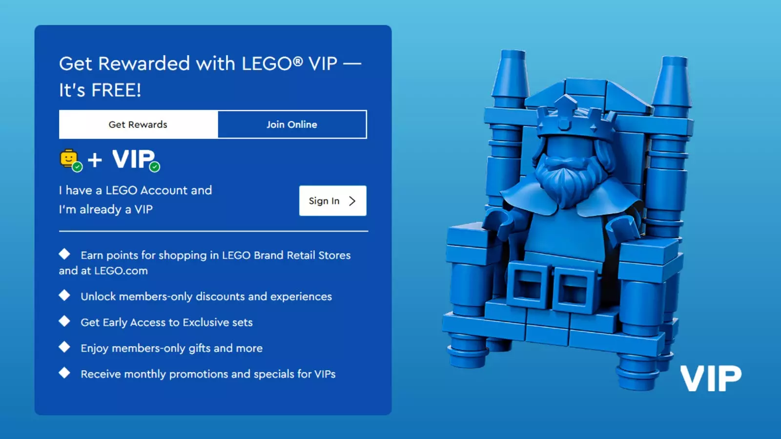 LEGO VIP வெகுமதிகள் விளம்பரப் பக்கம்