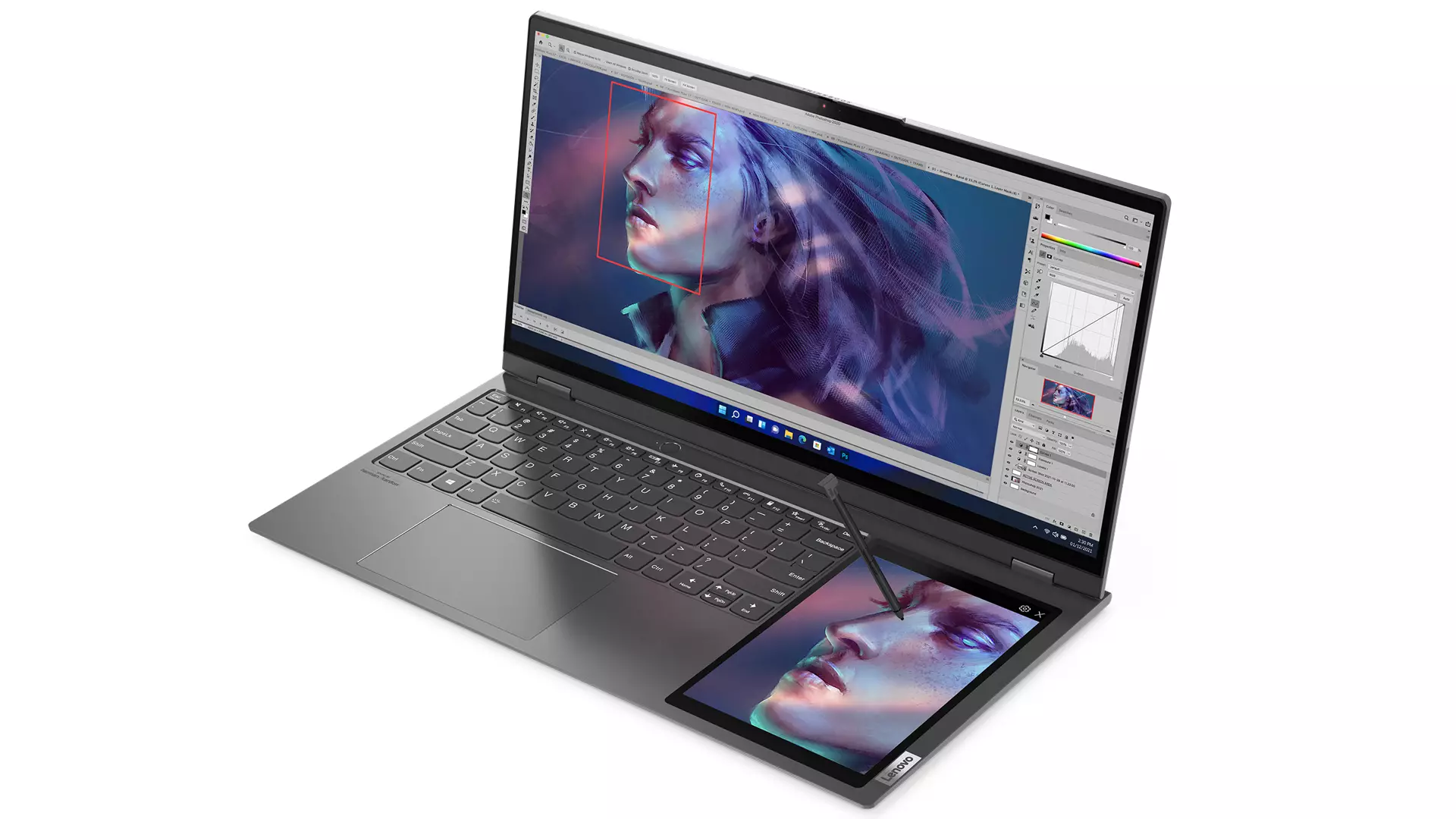 Lenovo ThinkBook Plus Gen 3, golygfa o'r sgrin uwchradd wrth ymyl y bysellfwrdd