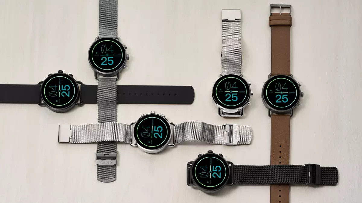 新的 Skagen Falster Gen 6 智能手表，不同的表带按图案排列