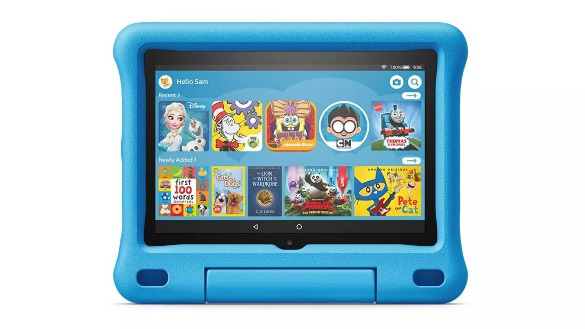 Amazon Fire HD 8 Kids टॅबलेट त्याच्या सभोवती ब्लू किड-प्रूफ केस आहे