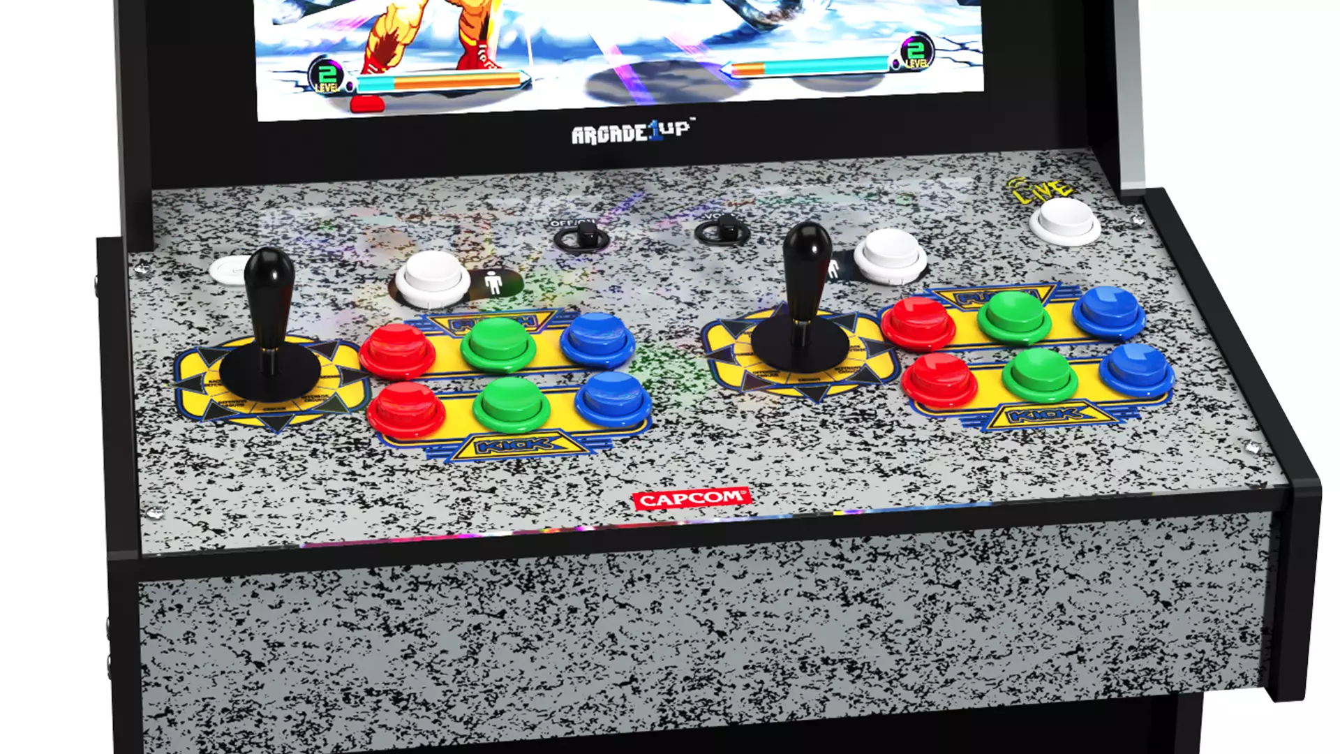 Kukaribia kwa vidhibiti vya baraza la mawaziri la Arcade1Up 'Marvel dhidi ya Capcom 2'.
