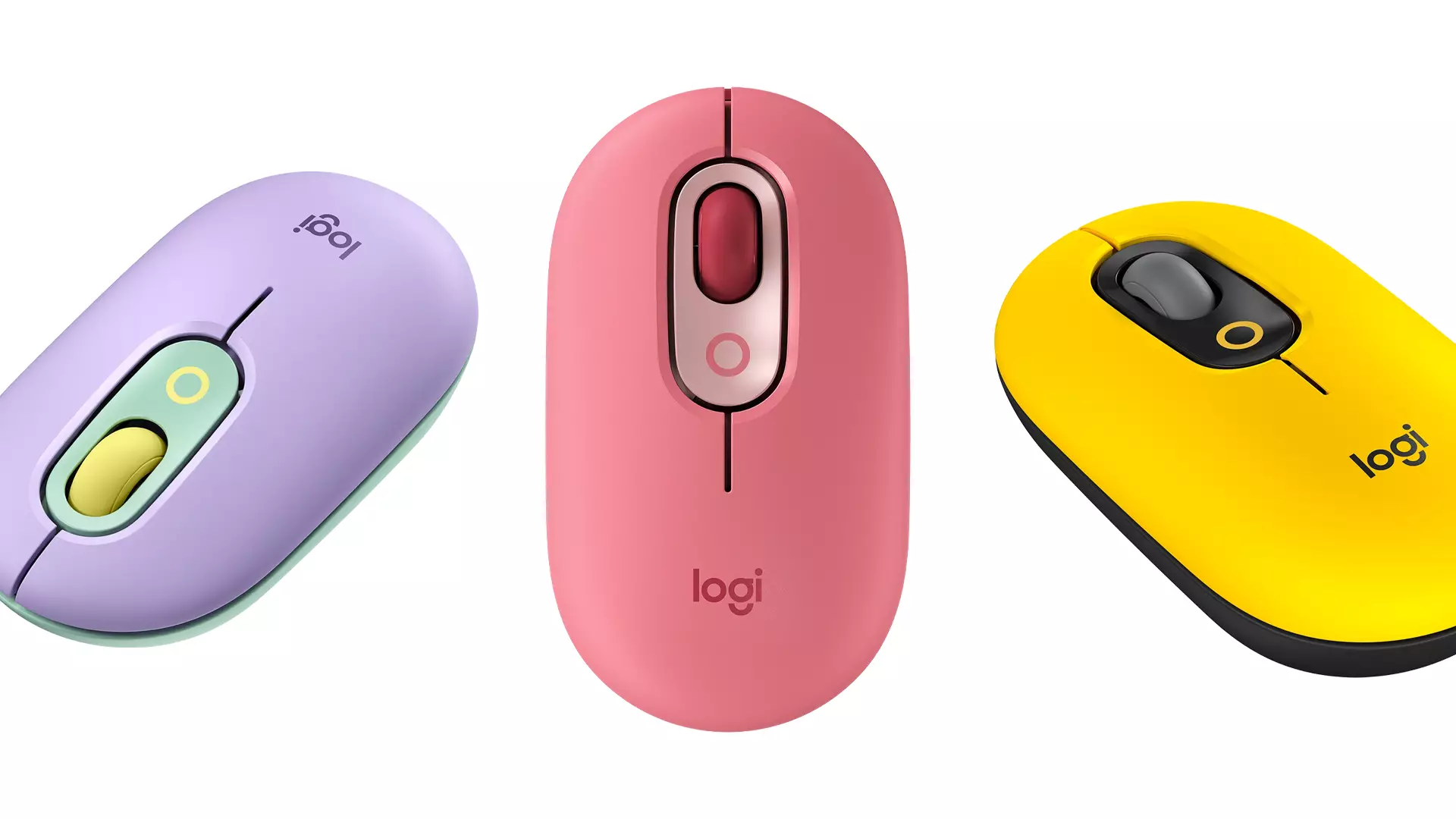 O Logitech POP Mouse en violeta, rosa e amarelo.