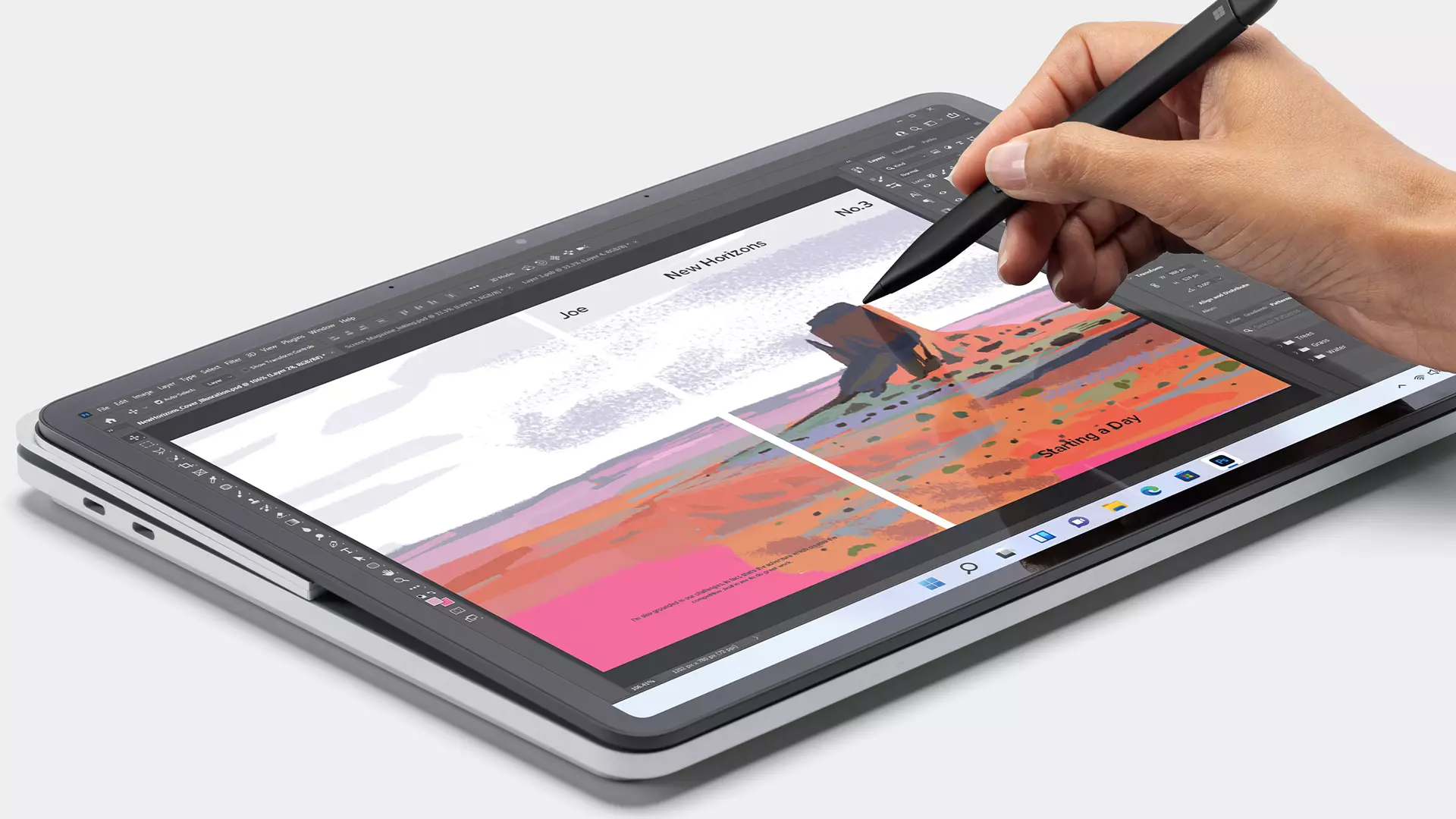 Мастак малюе на Surface Laptop Studio ў рэжыме планшэта.