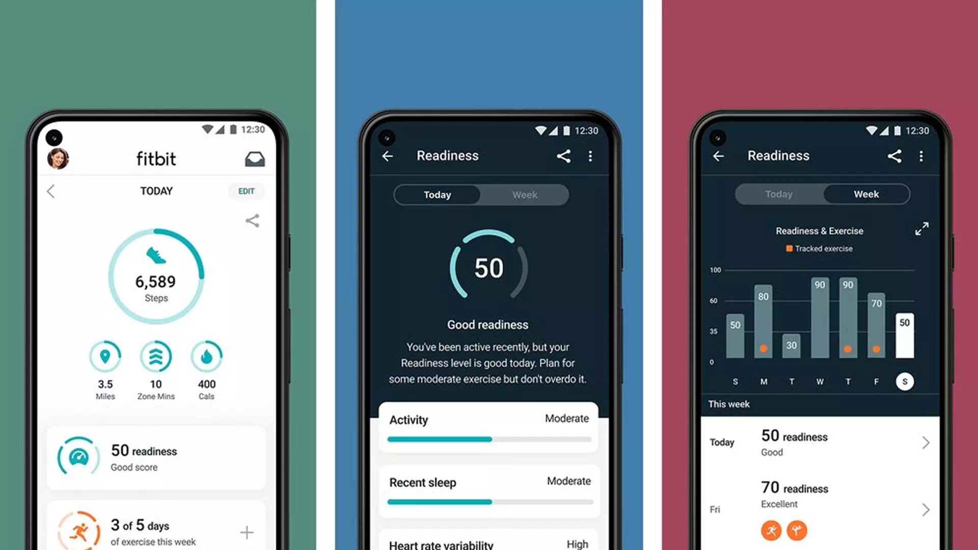 Снимки на приложението Fitbit, показващи дневен резултат за готовност и предлагащи умерени упражнения.