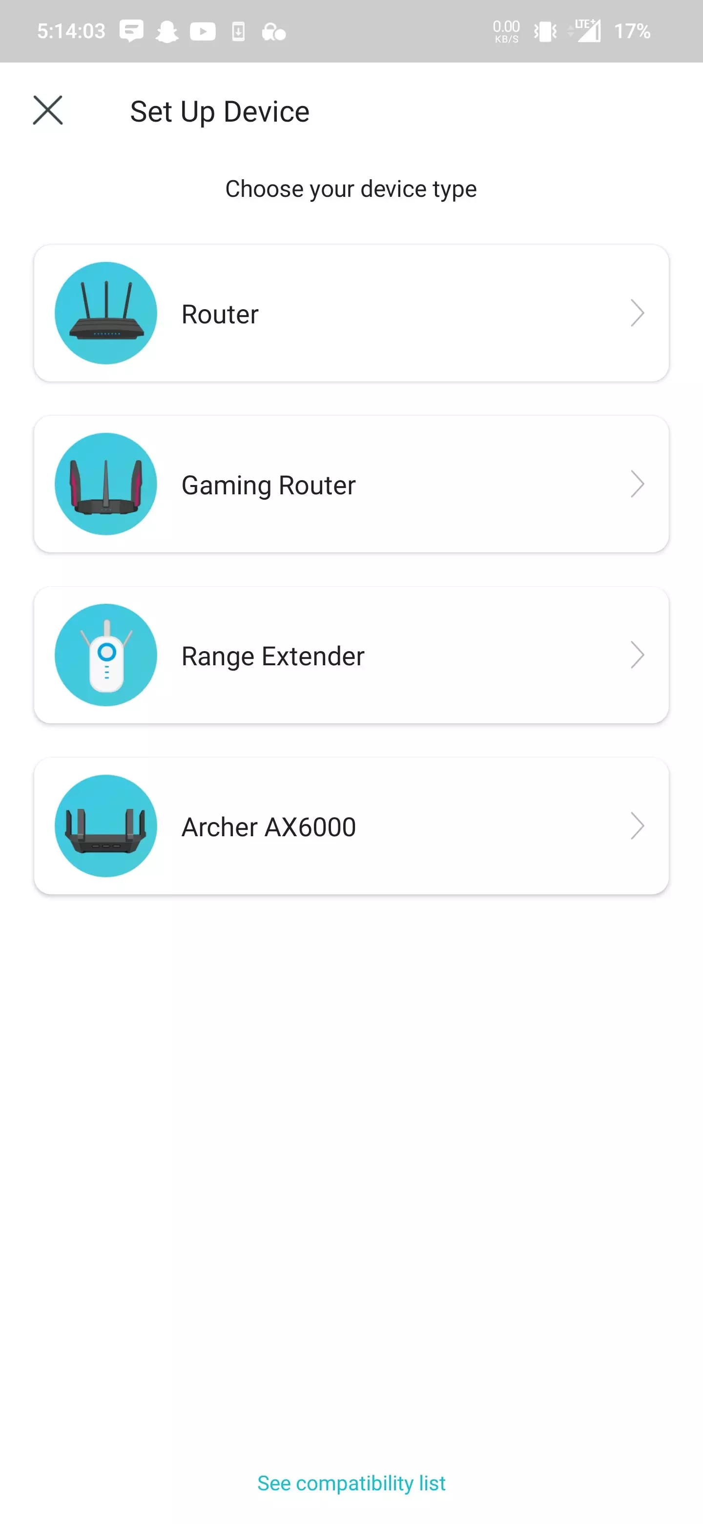 O aplicativo TP-Link exibe diferentes dispositivos que você pode conectar, incluindo roteador, roteador de jogos, extensor de alcance e archer ax6000