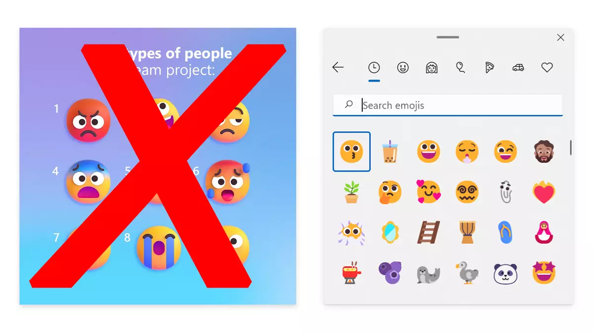 Ny emoji 3D izay nampanantenain'i Microsoft teo akaikin'ny emoji 2D niafaranay.