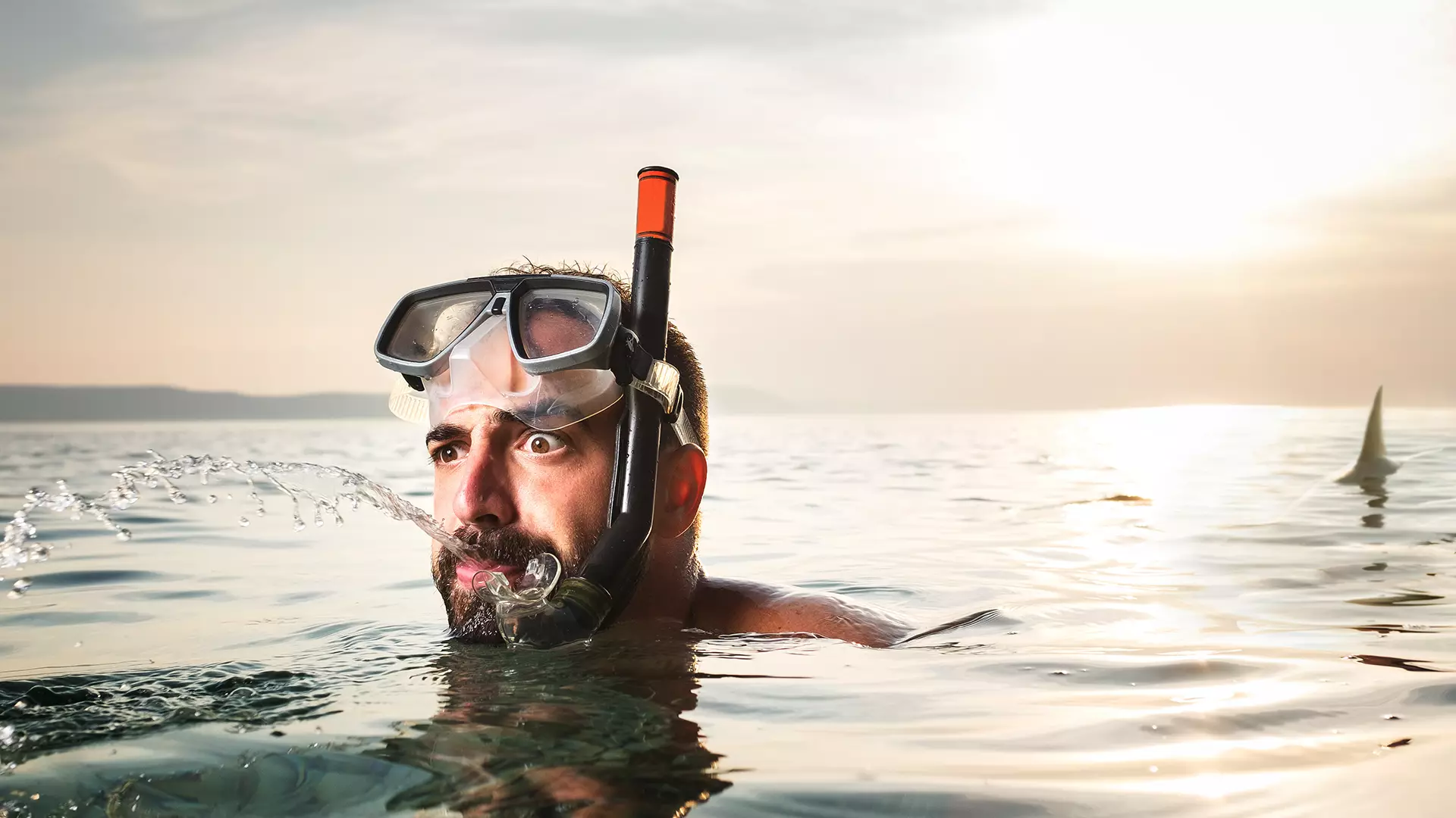 Uma foto de um cara nadando para longe de tubarões.