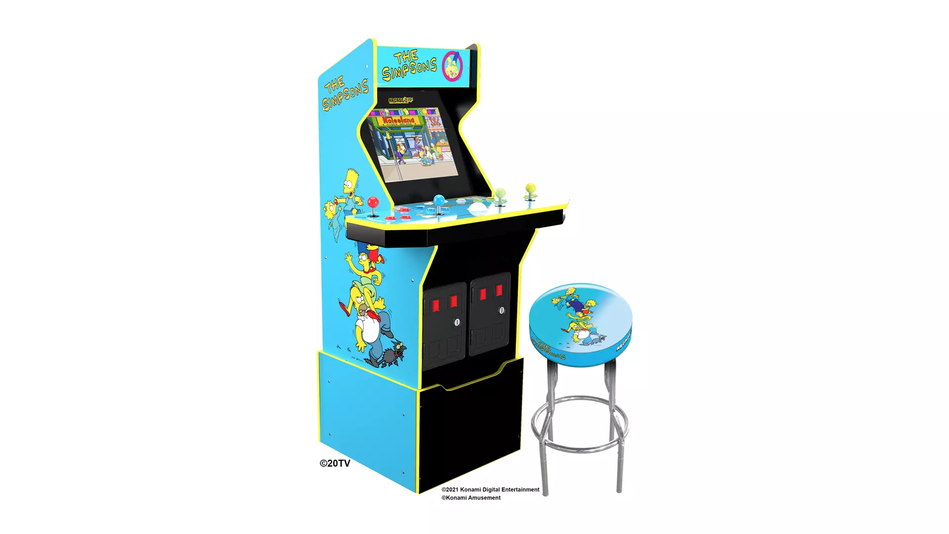 Unha máquina recreativa dos Simpson xunto a un taburete a xogo.