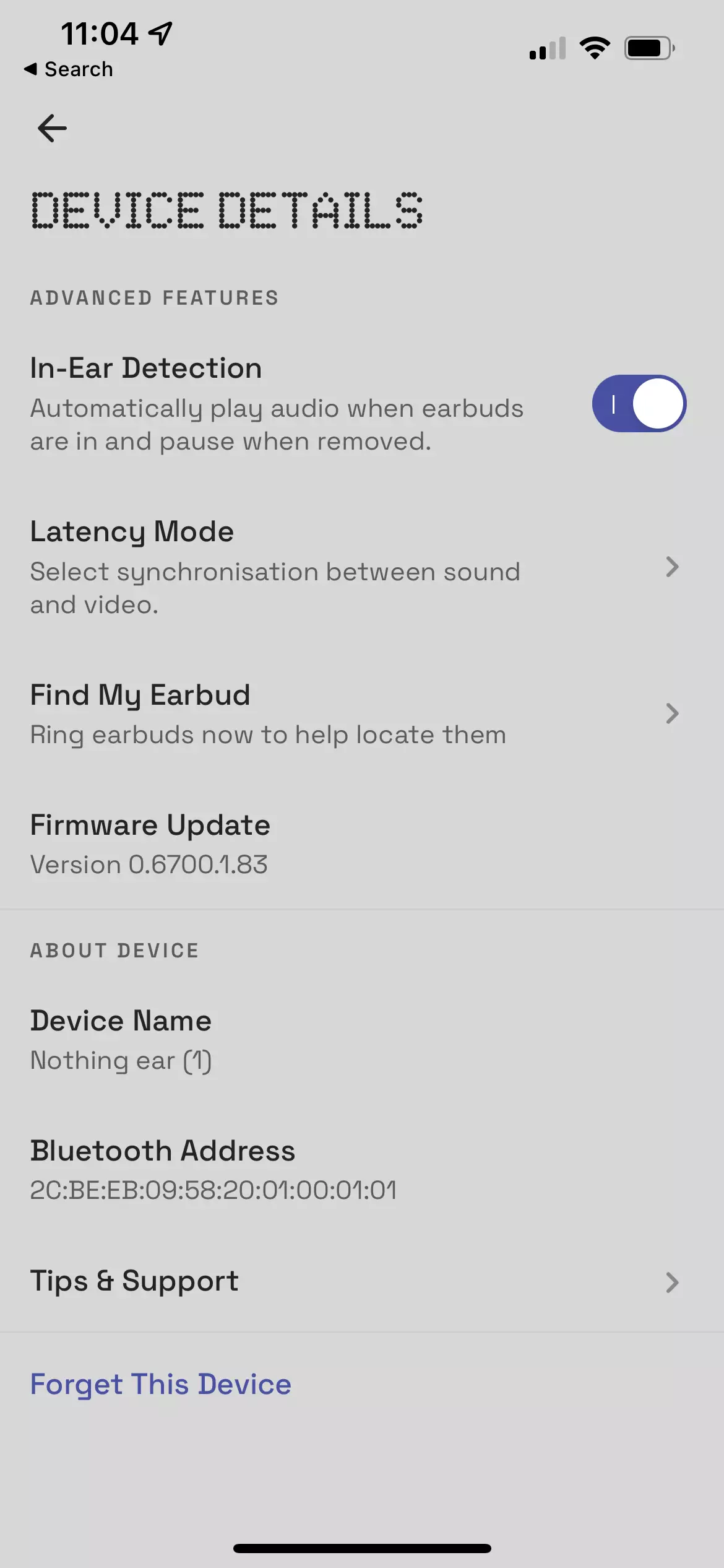 Мобильное приложение Nothing Ear 1 Сведения об устройстве