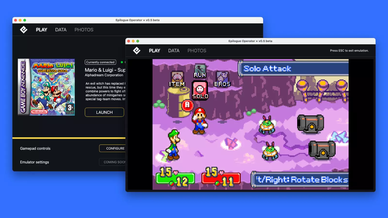 La schermata di caricamento del gioco dell'emulatore e un'altra schermata con un gioco aperto