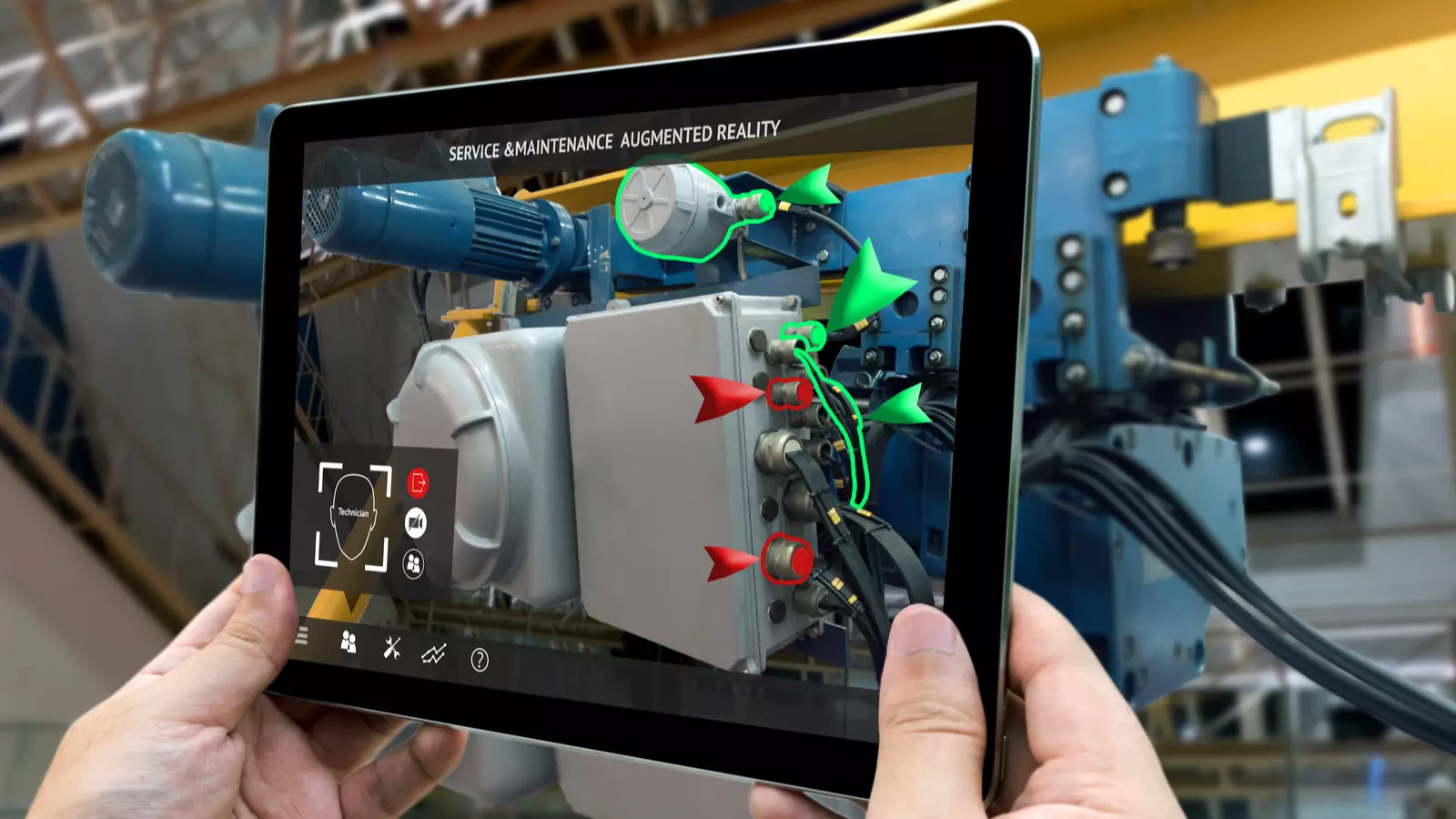 Handhou-tablet met verhoogde werklikheid-app oop vir diens- en instandhouding-app vir tegnikus vir fabrieksherstel