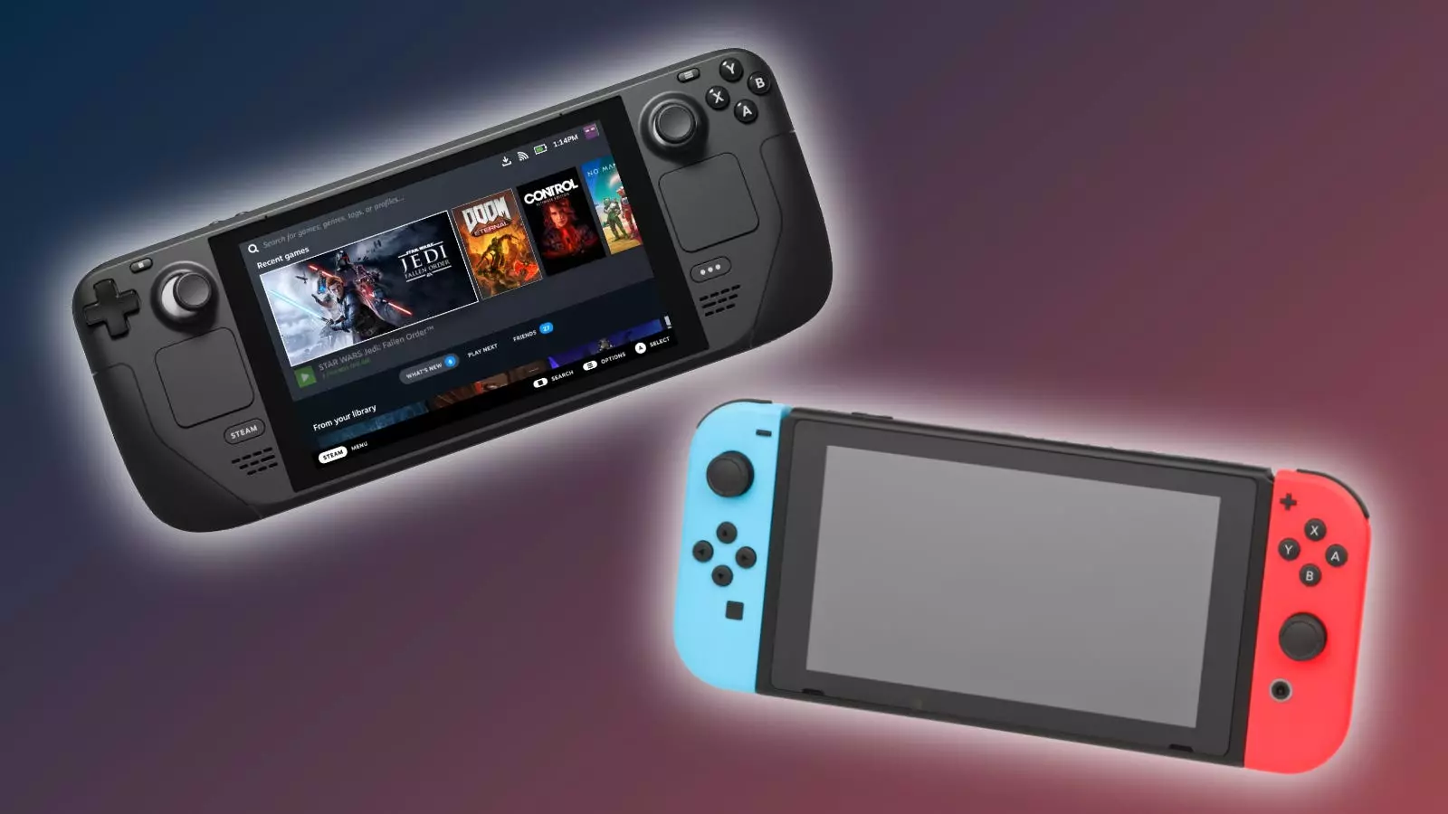 Steam Deck și Nintendo Switch pe fundal albastru și roșu