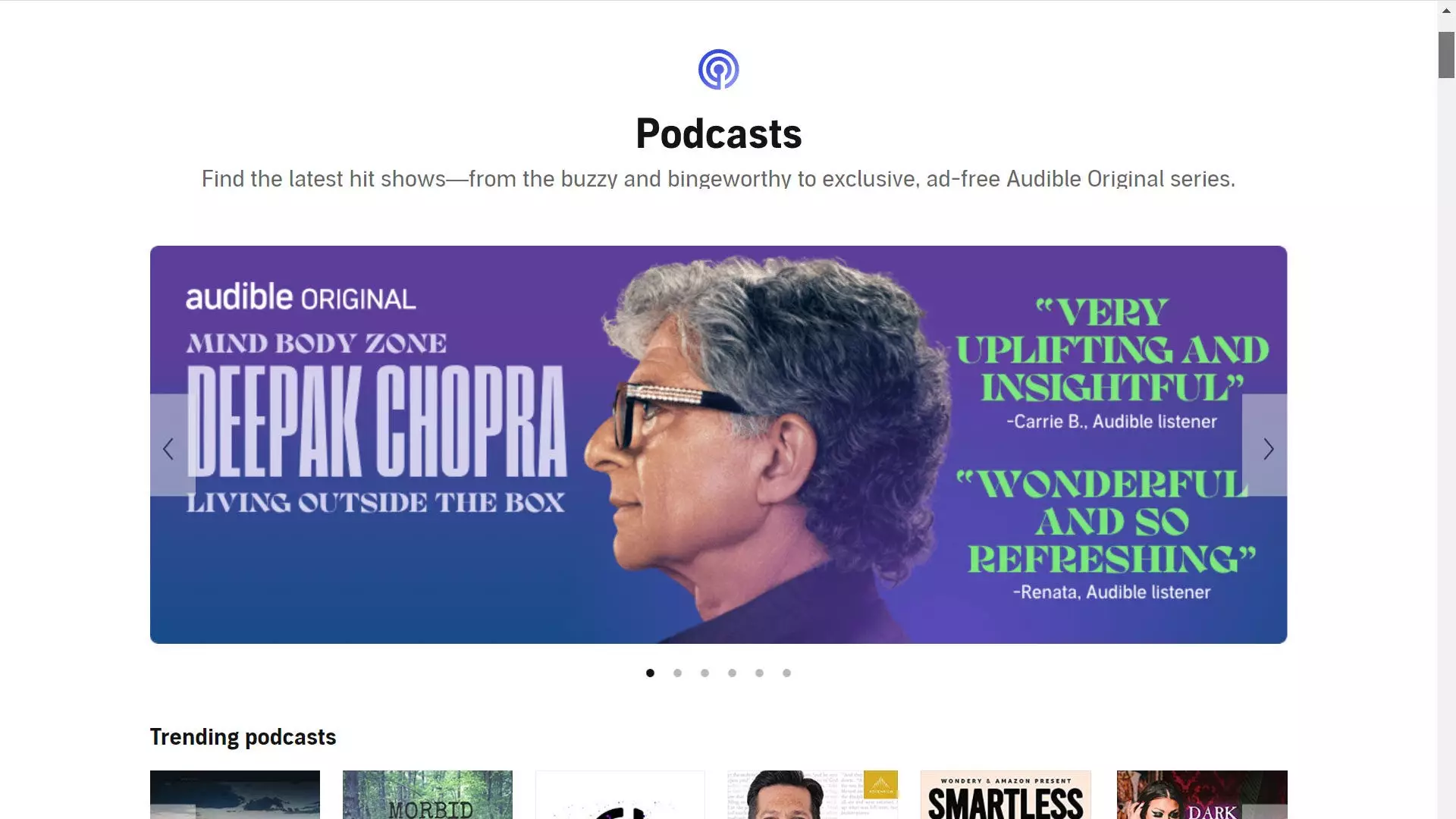 หน้า Audible Podcasts ที่แสดงข้อเสนอต่างๆ