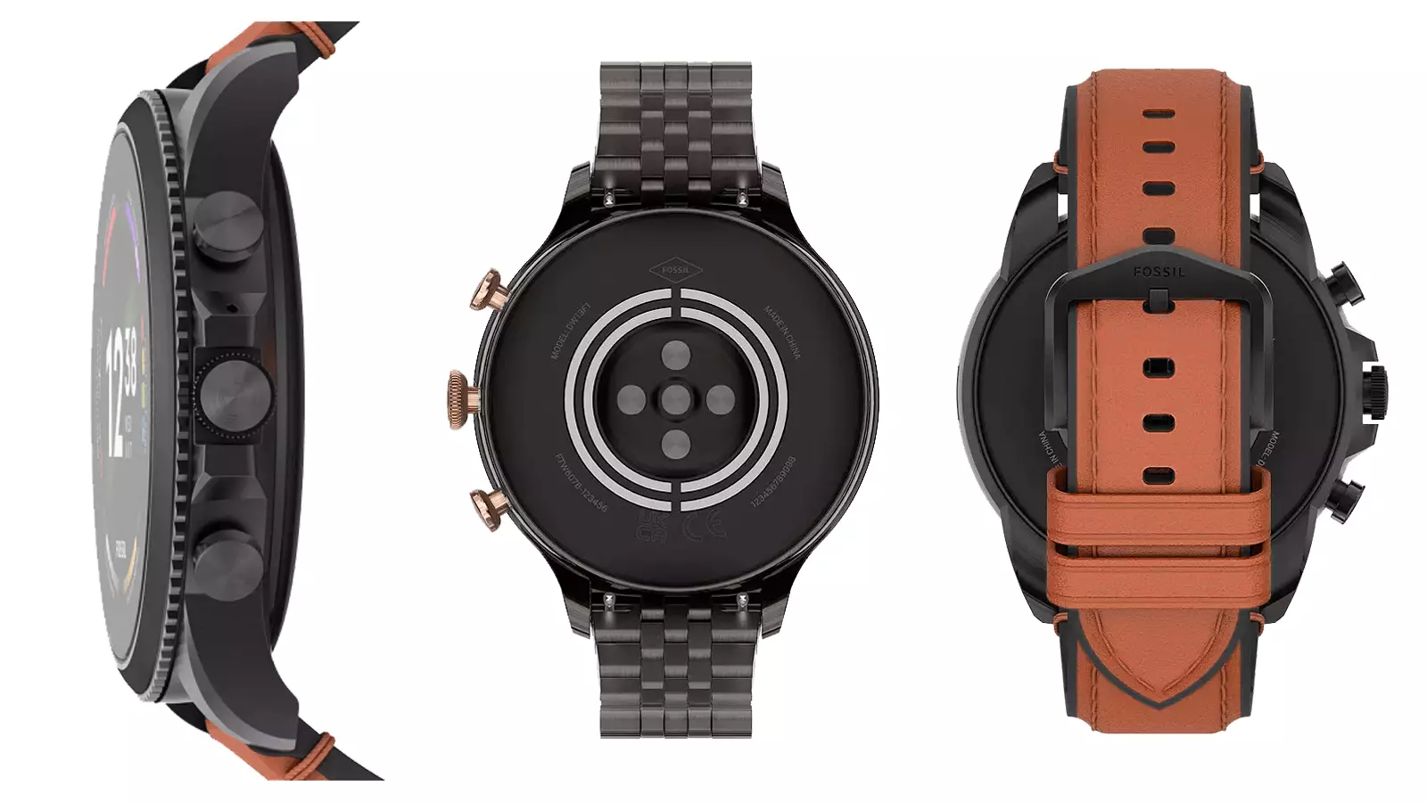 Side, bag og bag med armbåndsvisning af Fossil Gen 6 smartwatch