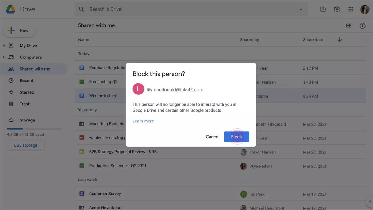 Google Diskdagi bloklash funksiyasining tasviri