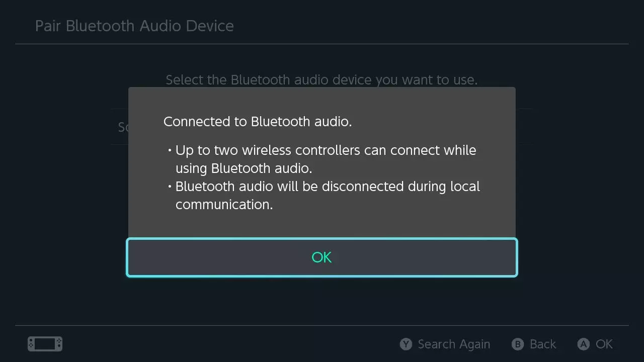 Nintendo Switch-regler for tilslutning af Bluetooth-lydenheder (kan ikke bruge lokal multiplayer eller mere end to controllere).