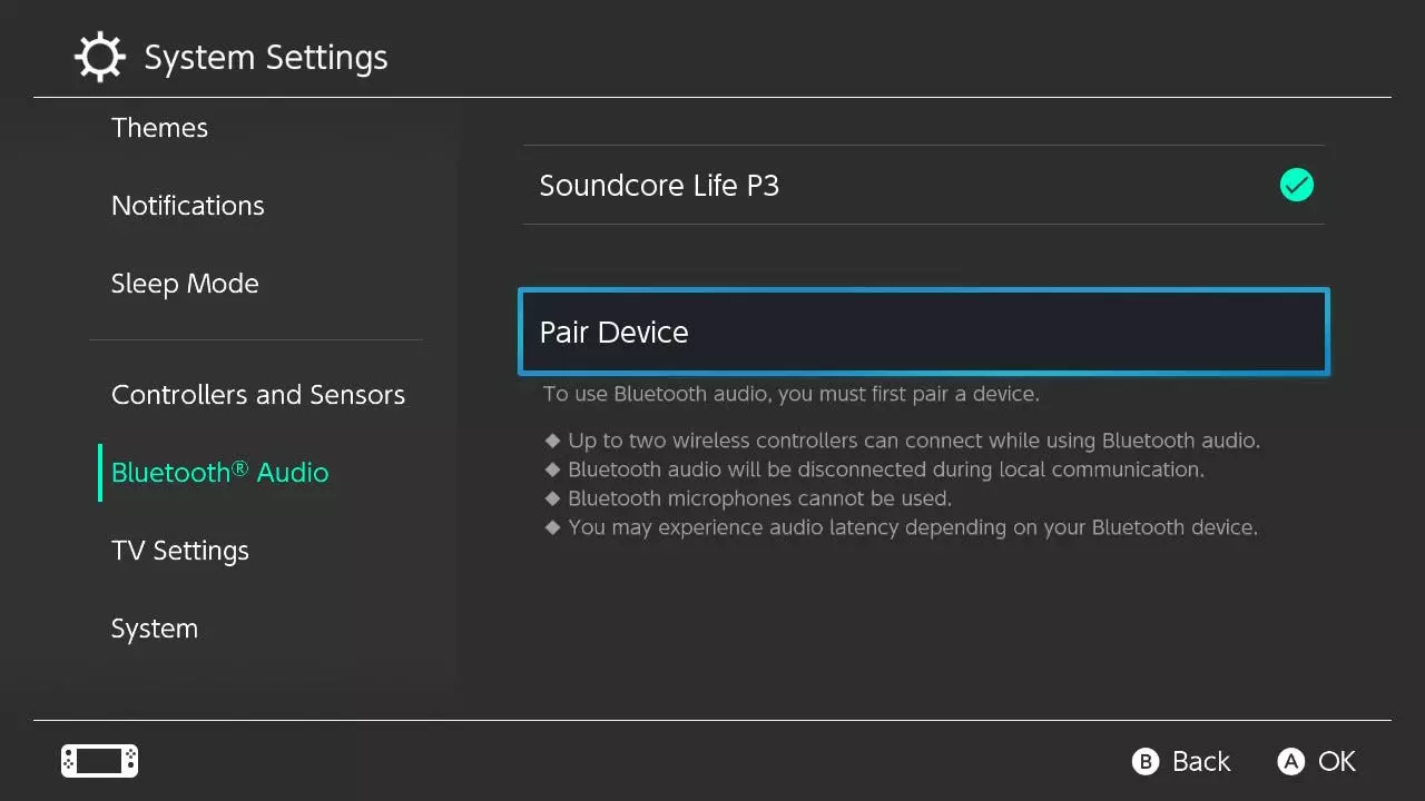 Stránka s nastaveniami zvuku Bluetooth Nintendo Switch.