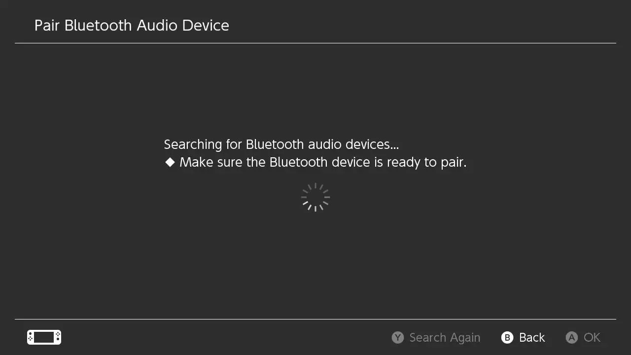 Nintendo Switch hľadá zvukové zariadenia Bluetooth.