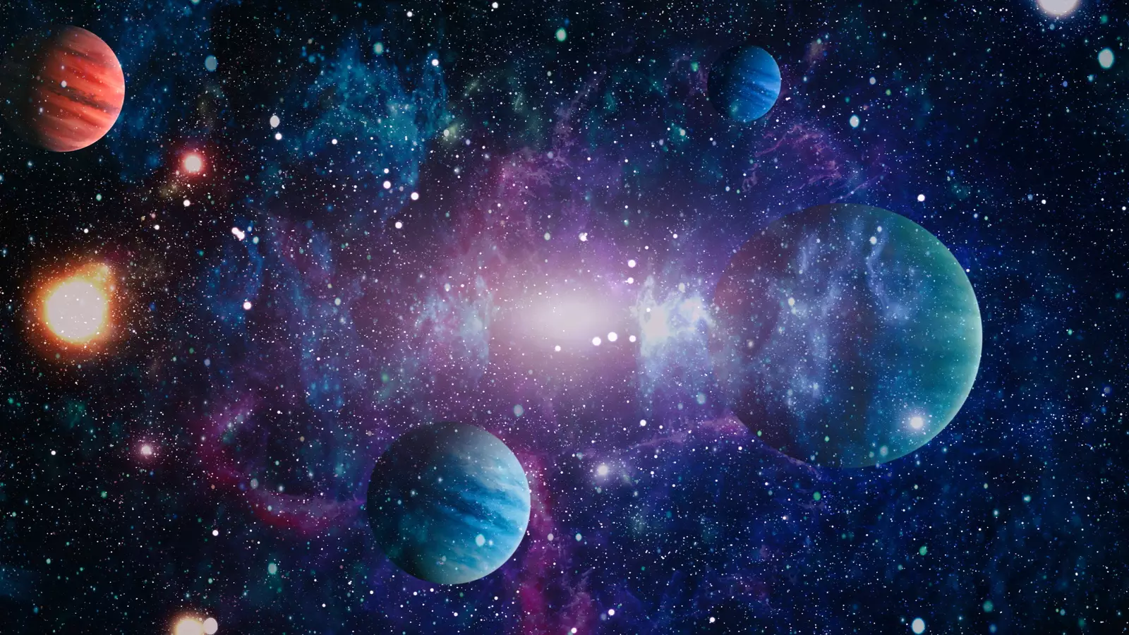 Planētas, zvaigznes un galaktikas kosmosā, kas parāda kosmosa izpētes skaistumu