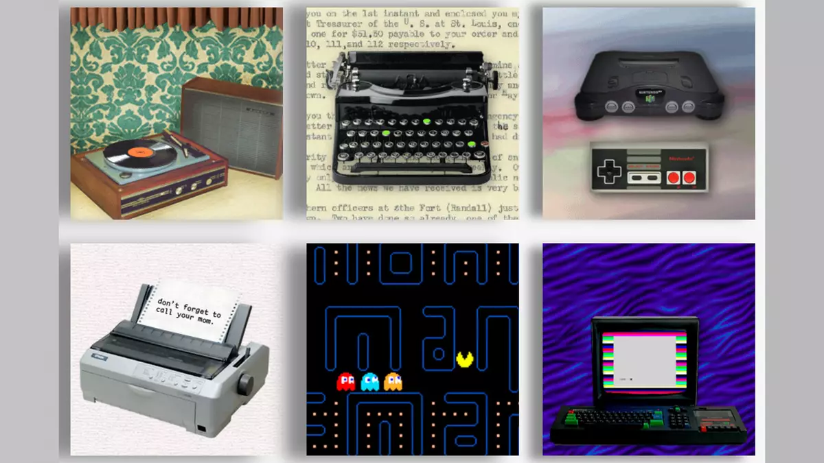 Изображения проигрывателя, пишущей машинки, консолей Nintendo, Pac-Man и других винтажных технологий.
