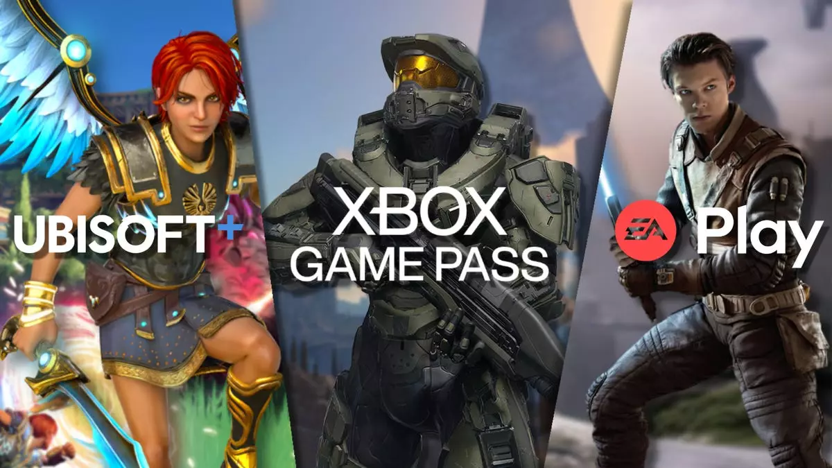 Ubisoft+, Xbox Game Pass un EA Play logotipi un spēles kolāžā
