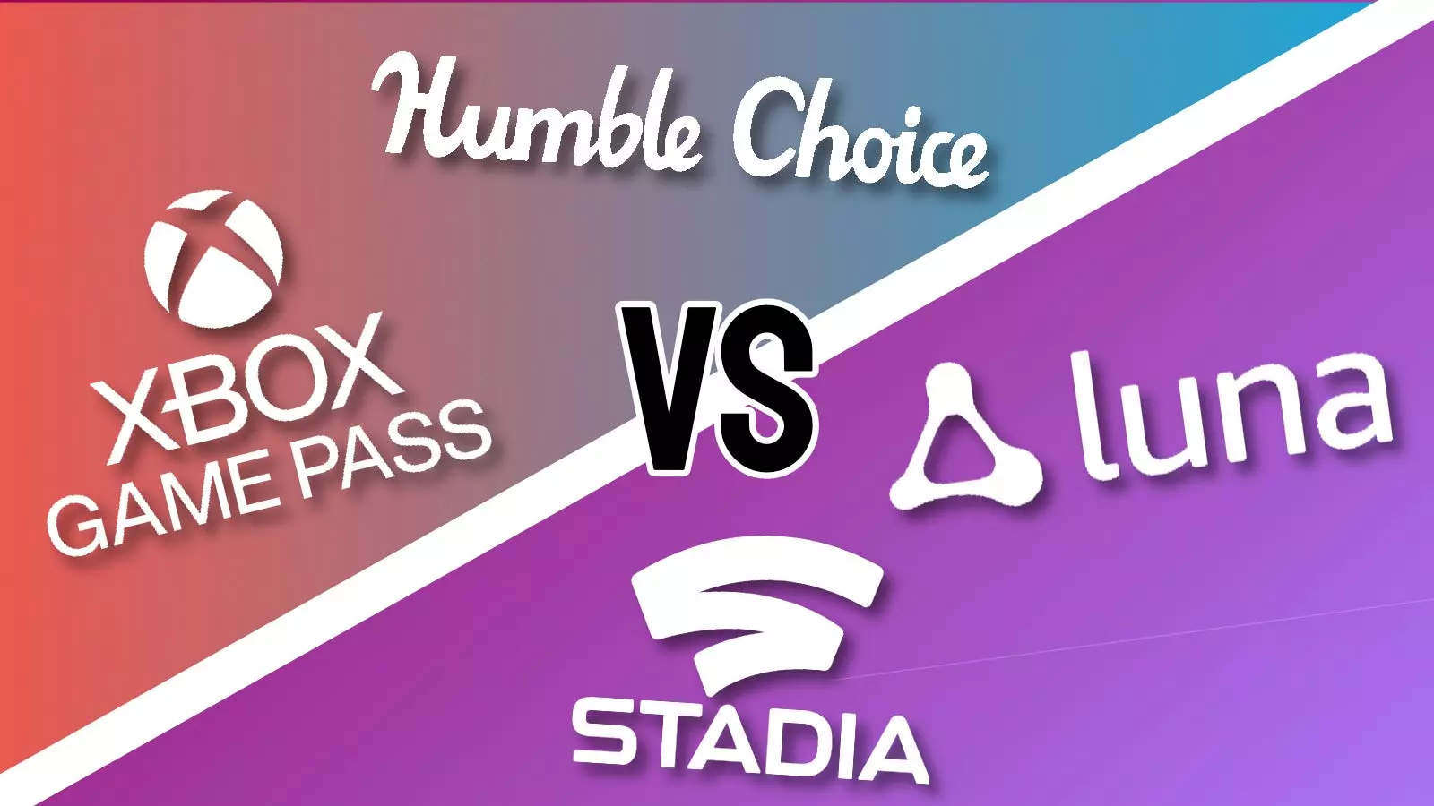 Xbox Game Pass Humble Choice, Google Stadia ja Amazon Luna logod mitmevärvilisel taustal