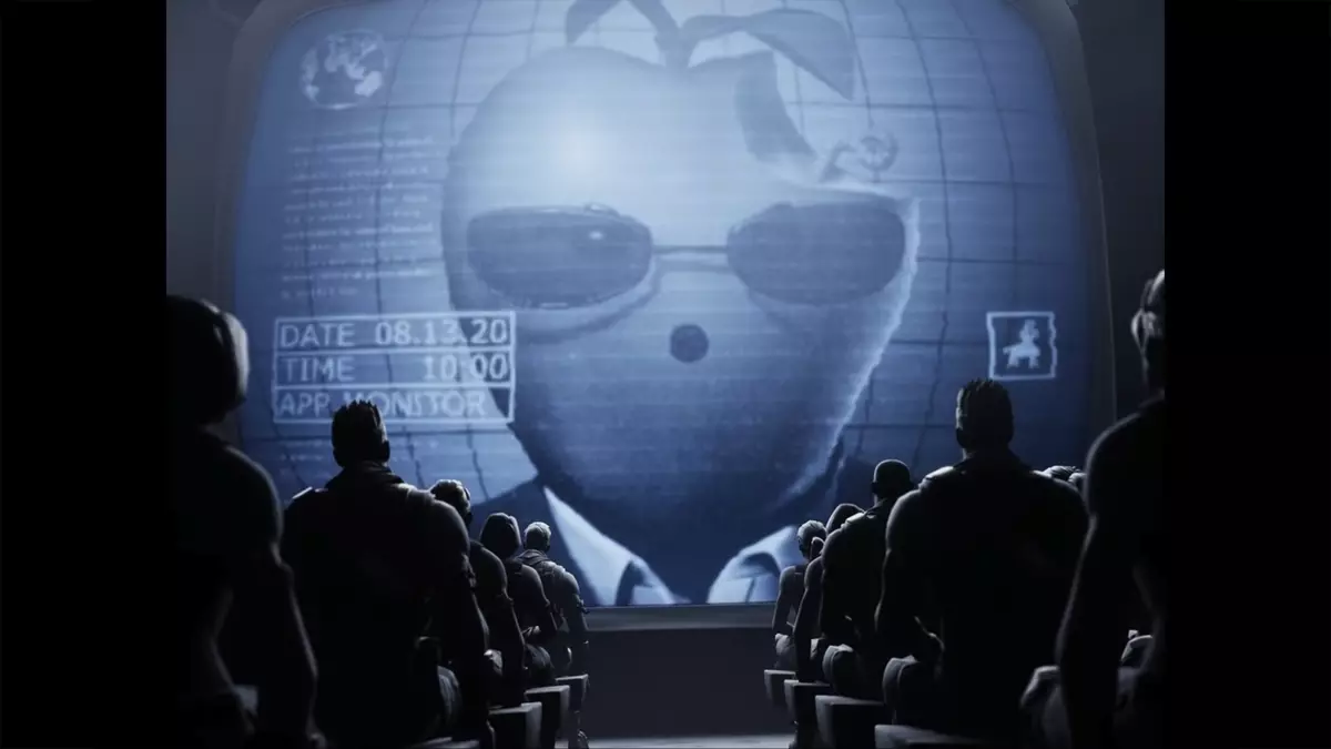 un'immagine dal video "1984" di Epic, in cui un uomo mela sta sopprimendo la libertà dei personaggi di "Fortnite".