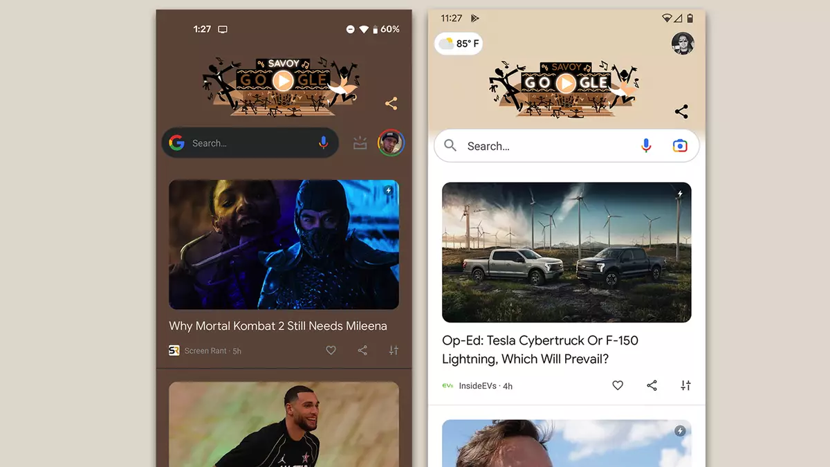bilder av Google Discover og den viktigste Google-appen i Android 12.