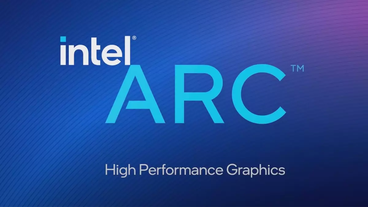 Logo Intel Arc High Performance Graphics sou background gradyan ble a koulè wouj violèt
