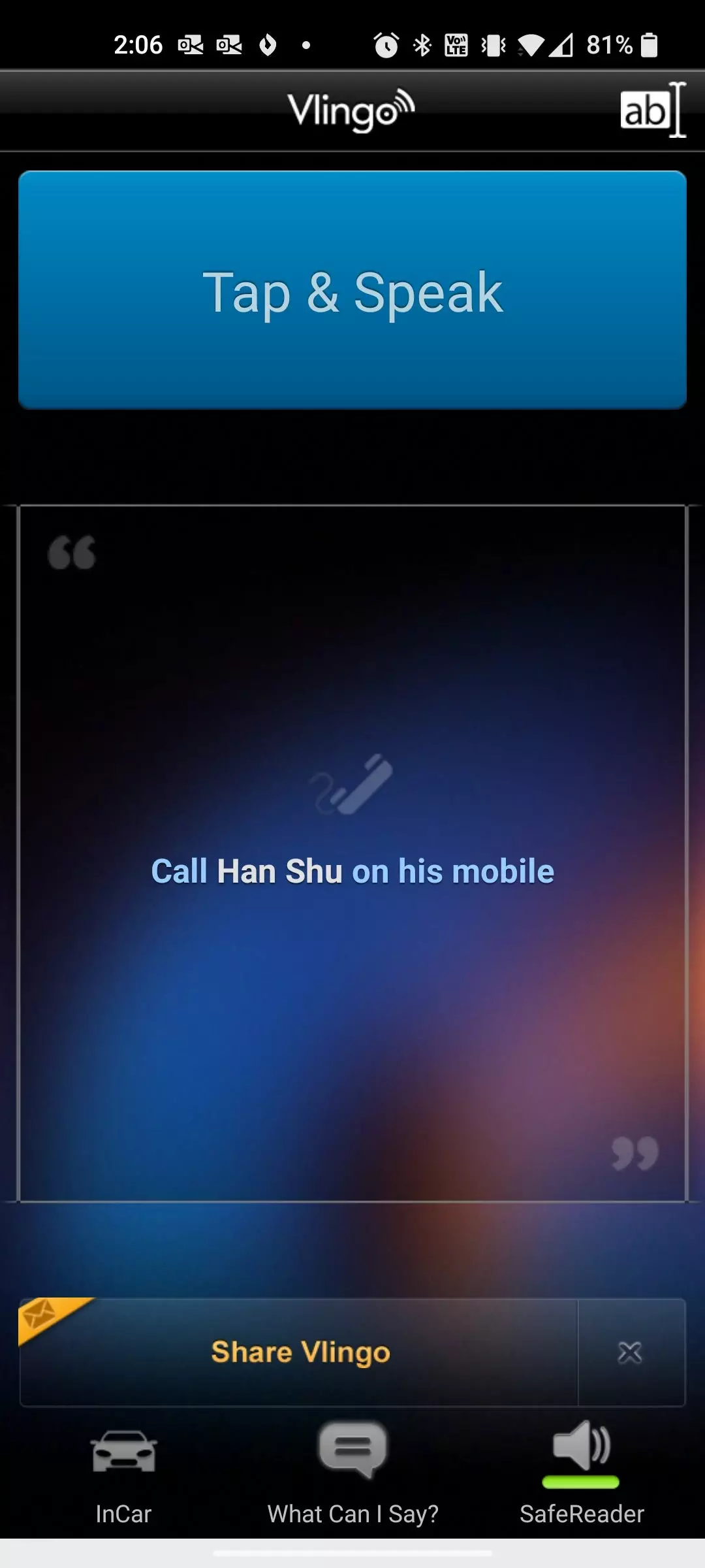 Het startscherm van de Vlingo-app met de knop 'Tik om te spreken'.