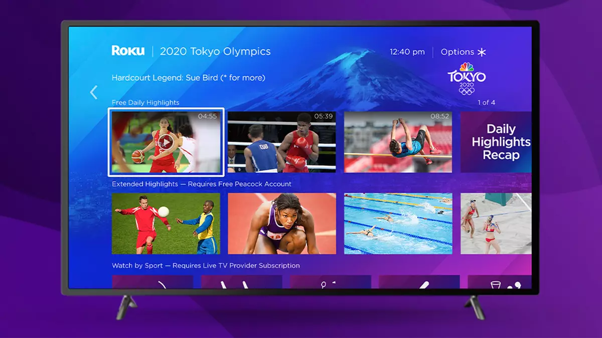 TV che mostra l'interfaccia Roku con i giochi olimpici