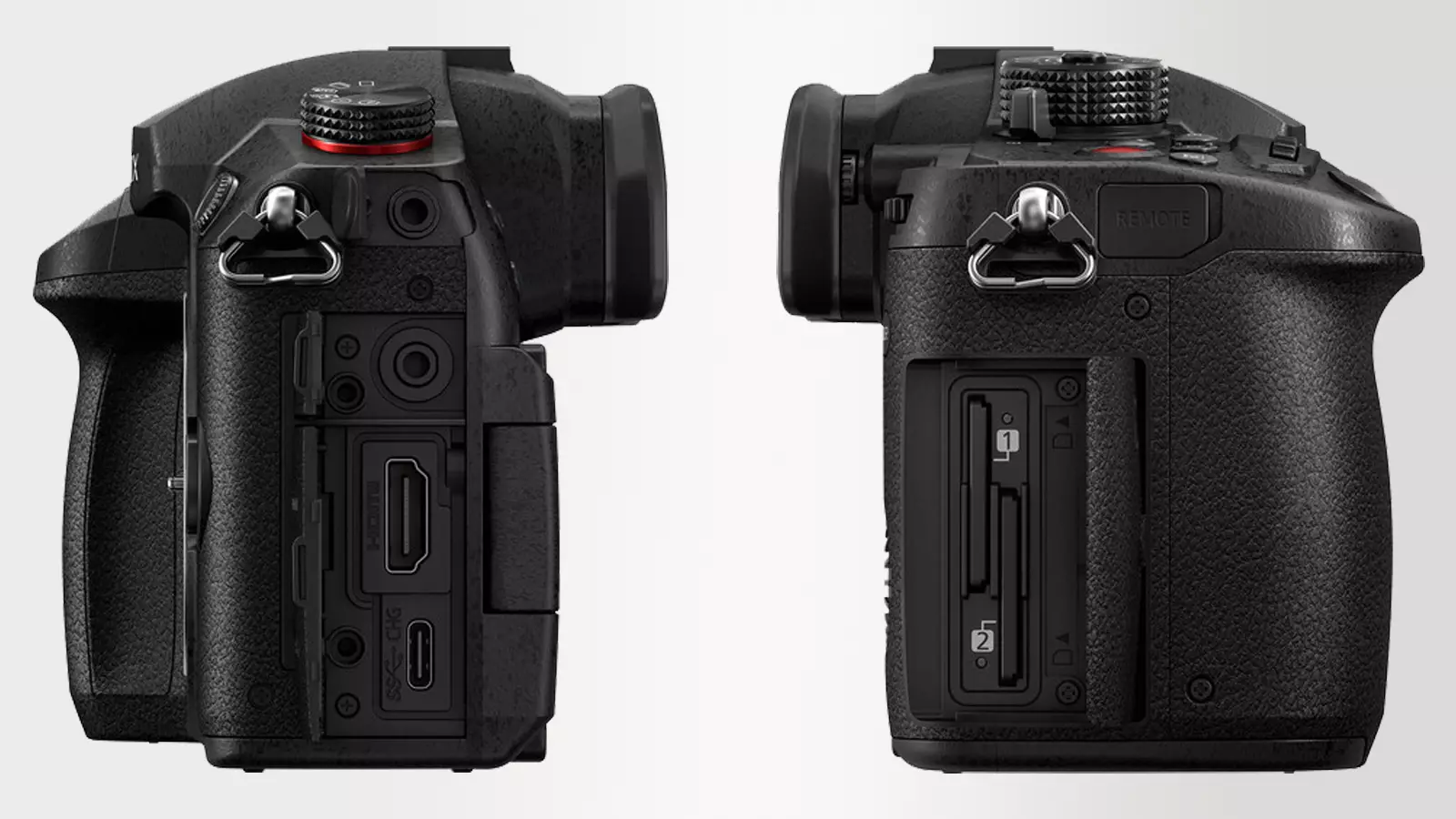 Panasonic Lumix GH5 Mark II 미러리스 카메라의 왼쪽 및 오른쪽 측면 보기