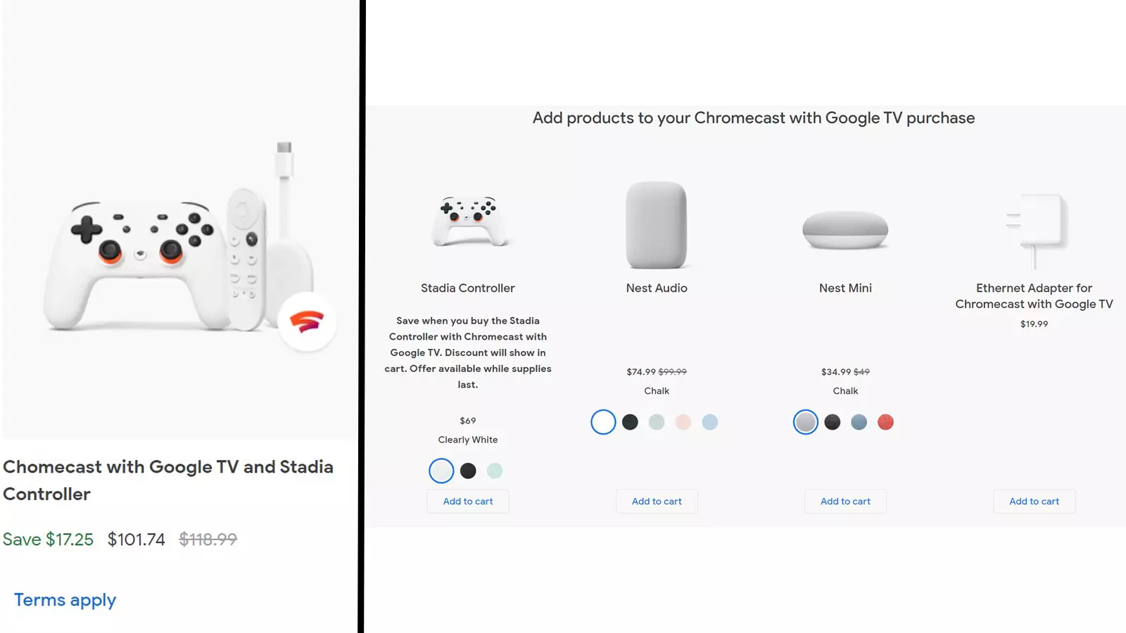 Показано Chromecast із Google TV і контролер Stadia з Nest Audio та Mini та Ethernet-адаптером.