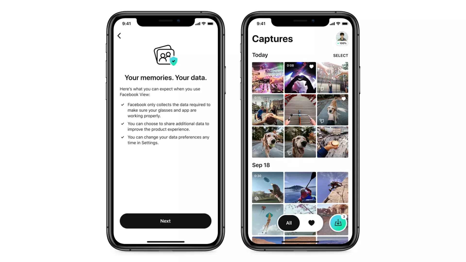 Aplikasi Facebook View memungkinkan Anda mengunduh foto dan video dari kacamata ke ponsel Anda.
