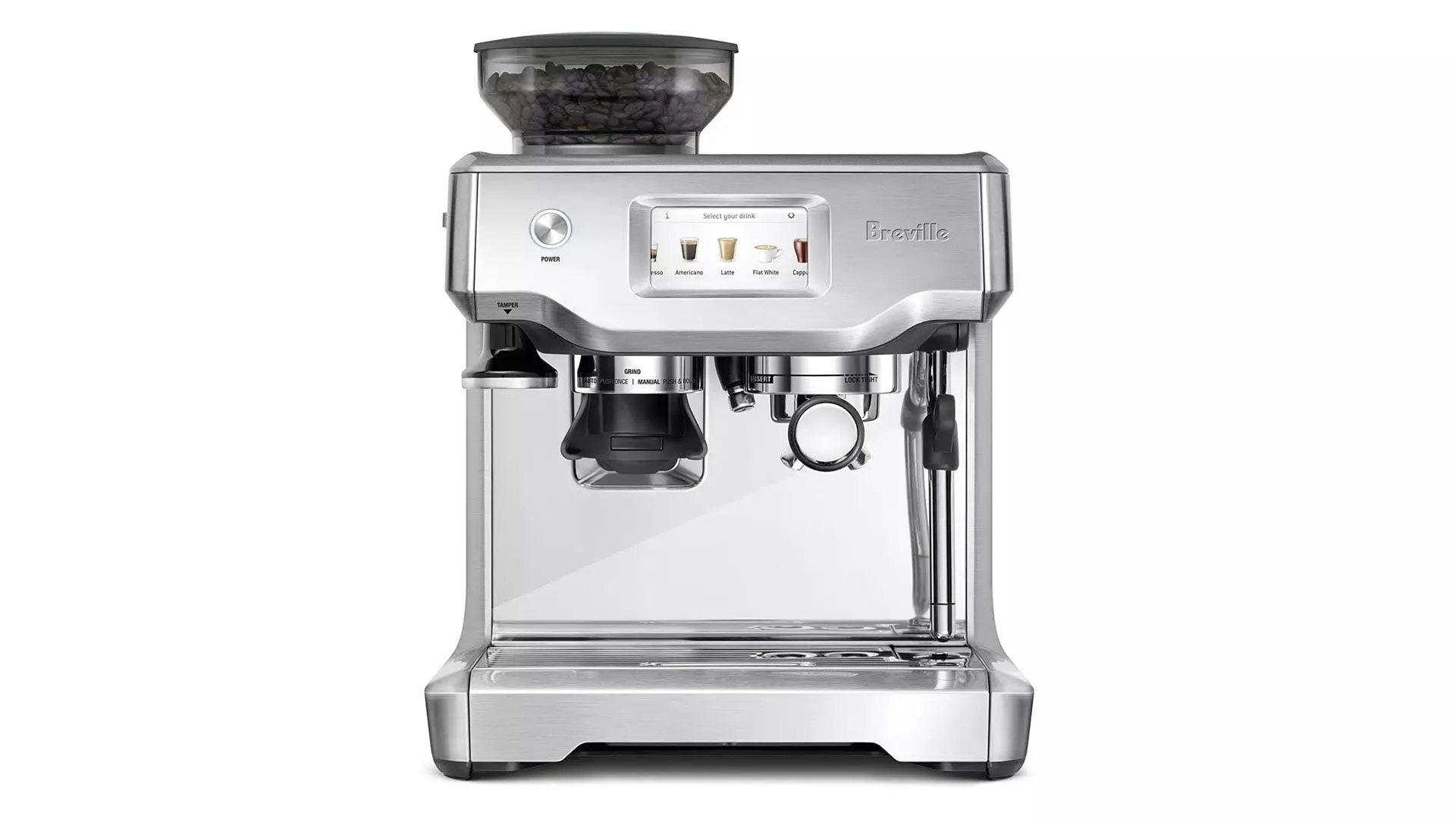 En Breville espressomaskin med pekskärm och bönbehållare.