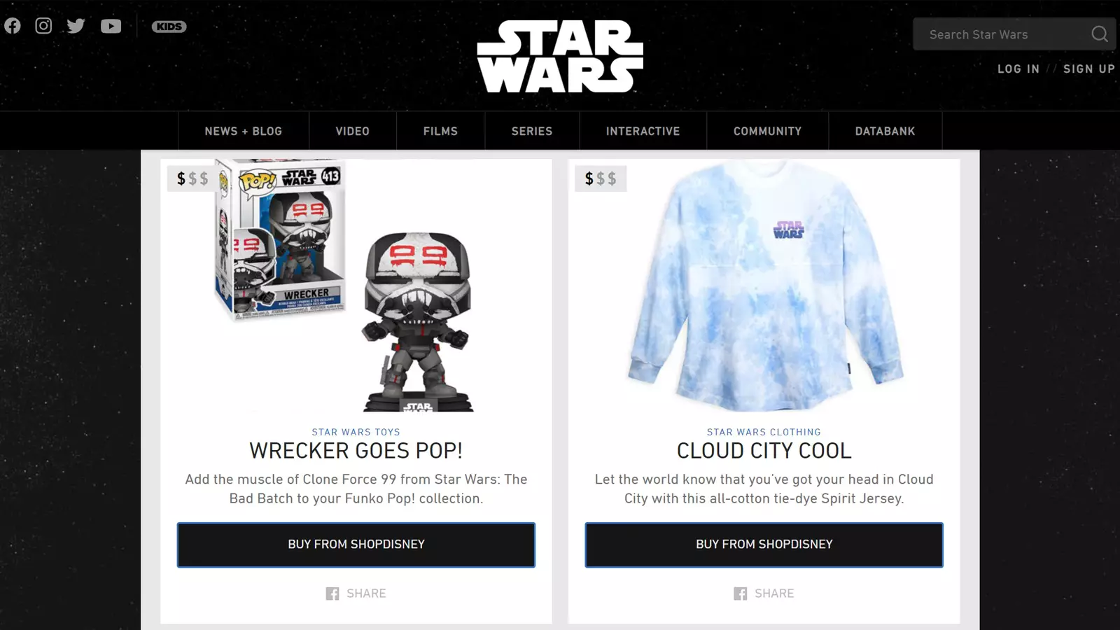 Pàgina d'inici de la botiga de Star Wars amb Funko Pops i una samarreta de màniga llarga
