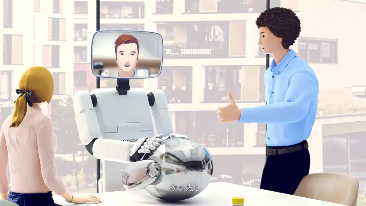 vaizdas iš „Honda“ animacinio vaizdo įrašo „Avatar Robot“, kuriame vaizdo įrašas rodomas, kaip vyro galva kalbasi per roboto kūną.