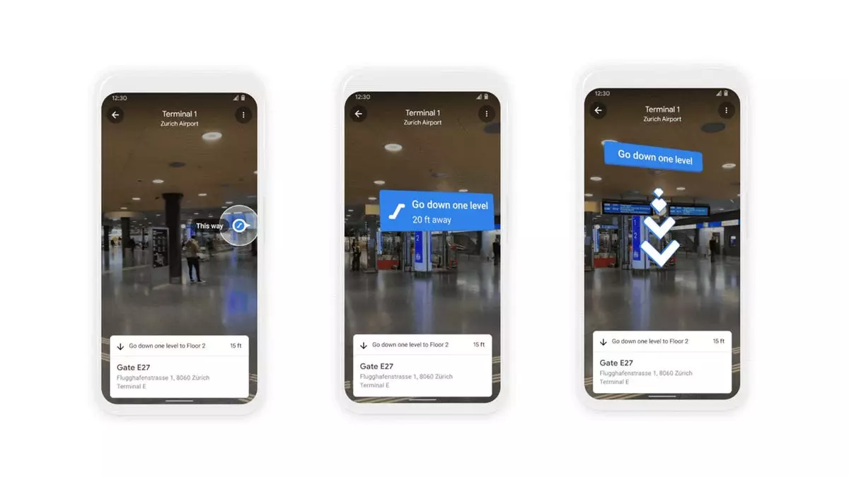 שלושה טלפונים, מציגים כיווני מציאות מוגברת בטרמינל בשדה התעופה.
